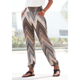 Jerseyhose Lascana Gr. 34, N-Gr, bunt (schwarz, braun, creme bedruckt) Damen Hosen mit Alloverprint und Taschen, Stretchbund, Strandhose