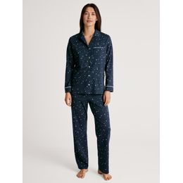 Pyjama Calida "Sweet Dreams" Gr. L (48/50), blau (peacoat blue) Damen Homewear-Sets mit Reverskragen und durchgehender Knopfleiste