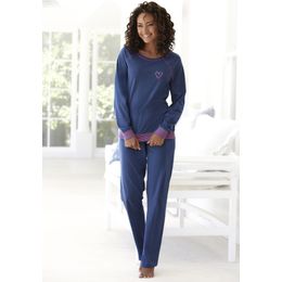 Pyjama Vivance Dreams Gr. 48/50, blau (jeansblau, meliert) Damen Homewear-Sets mit dekorativen Flatlock-Nähten in Neonfarben