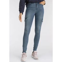 Skinny-fit-Jeans Arizona "Ultra Stretch" Gr. 34, N-Gr, blau (blue used) Damen Jeans High Waist mit Cargotaschen