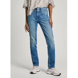 Slim-fit-Jeans Pepe Jeans "SLIM JEANS MW", Damen, Gr. 29, Länge 30, blau (tinted), Denim/Jeans, Obermaterial: 99% Baumwolle, 1% Elasthan, casual, slim fit, Jeans, mit extrabreitem Bund mit Doppelknopf-Verschluss