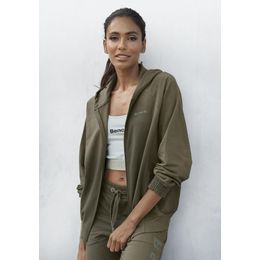 Kapuzensweatjacke BENCH. LOUNGEWEAR, Damen, Gr. 32/34, grün (dunkelgrün), angeraute Sweatware, Obermaterial: 95% Baumwolle, 5% Elasthan. Kapuzenfutter: 100% Baumwolle, unifarben, Sweatjacken, mit sportlichen Teilungsnähten, Loungeanzug