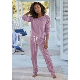 Pyjama Vivance Dreams, Damen, Gr. 32/34, rot (mauve gestreift), Single Jersey, Obermaterial: 100% Baumwolle, Basic, bequem lang, Rundhals, Homewear-Sets, mit Frontdruck