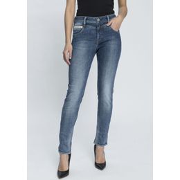 Slim-fit-Jeans Herrlicher "PEPPY SLIM RECYCLED DENIM" Gr. 27, Länge 32, blau (bamiyan blue 868) Damen Jeans Normal Waist Recycled Polyester