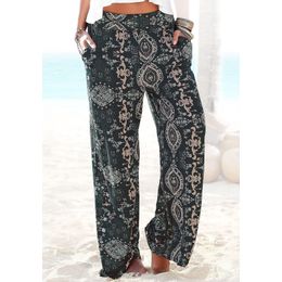 Strandhose Lascana Gr. 34, N-Gr, schwarz (schwarz, bedruckt) Damen Hosen mit Ethnoprint und Taschen, Wide-Leg, Marlenehose