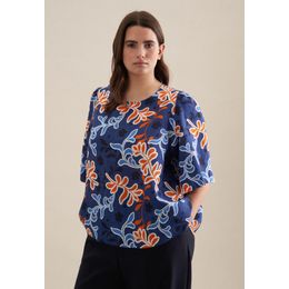 Shirtbluse Seidensticker "Schwarze Rose" Gr. 48, blau (mittelblau) Damen Blusen Kurzarm Rundhals Druck