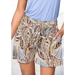 Strandshorts Lascana Gr. 40, N-Gr, bunt (creme, khaki, hellblau, braun bedruckt) Damen Hosen mit fixiertem Bindegürtel, kurze Hose Alloverprint