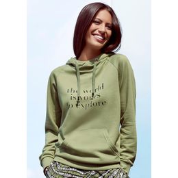 Hoodie Lascana Gr. 36/38, grün (khaki) Damen Sweatshirts mit Statement Druck, Loungeanzug