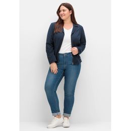 Sweatblazer sheego "Große Größen" Gr. 42, blau (nachtblau), Damen, Obermaterial: 55% Baumwolle, 40% Polyester, 5% Elasthan, unifarben, Blazer, mit Reverskragen und Zierknöpfen