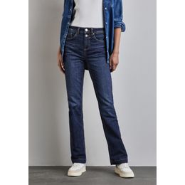 Bootcut-Jeans Street One, Damen, Gr. 28, Länge 32, blau (schwarz indigo slightly washed), Denim/Jeans, Obermaterial: 72% Baumwolle, 27% Polyester, 1% Elasthan, casual, Jeans, mit Doppelknopf