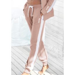 Sweathose BENCH. LOUNGEWEAR, Damen, Gr. 32/34, N-Gr, beige (nude, weiß), Jersey, Interlock, Obermaterial: 60% Baumwolle, 40% Polyester, unifarben mit Farbeinsatz, sportlich, bequem lang, Hosen, mit Seitenstreifen und schmalem Bein