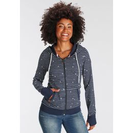 Kapuzensweatjacke Kangaroos Gr. 36/38 (S), blau (marine) Damen Sweatjacken mit maritimen Alloverdruck aus Streifen und minimalistischen Schiffen