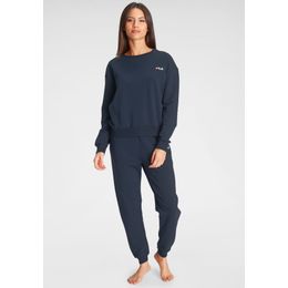 Loungeanzug Fila, Damen, Gr. L, blau (dunkelblau), Obermaterial: 100% Baumwolle, unifarben, casual, Rundhals, Homewear-Sets, mit Markenlogo auf der Brust