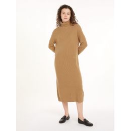 Strickkleid Tommy Hilfiger "WOOL CASH ROLL-NK LONG DRESS" Gr. L (40), N-Gr, grün (classic khaki) Damen Kleider mit Logostickerei, in Rippoptik