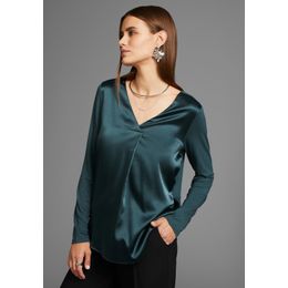 Shirtbluse HECHTER PARIS, Damen, Gr. 36, blau (petrol), Obermaterial Rückenteil: 95% Viskose, 5% Elasthan. Satin: 100% Polyester, feminin, hüftbedeckend, Langarm, Blusen, mit V-Ausschnitt- NEUE KOLLEKTION