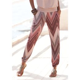 Jerseyhose Lascana Gr. 34, N-Gr, rot (sand, bordeaux bedruckt) Damen Hosen mit Alloverprint und Taschen, Stretchbund, Strandhose