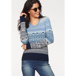 Jacquardpullover Kangaroos Gr. 32/34 (XS), blau (marine, hellblau) Damen Pullover V-Pullover Norwegerpullover Rundhalspullover Strickpullover Weihnachtspullover im Norweger-Muster mit kleinen Kängurus Bestseller