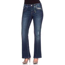 Bootcut-Jeans sheego by Joe Browns "Große Größen", Damen, Gr. 22, Kurzgrößen, blau (dunkelblau denim), Obermaterial: 70% Baumwolle, 28% Polyester, 2% Elasthan, unifarben, casual, lang, Jeans, mit Pailletten am Bund