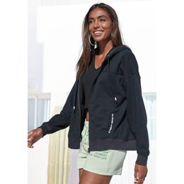 Kapuzensweatjacke Buffalo, Damen, Gr. 32/34, schwarz, angeraute Sweatware, Obermaterial: 60% Baumwolle, 40% Polyester, unifarben, bequem kurz, Rippbündchen, Sweatjacken, mit Statement Druck, Loungeanzug