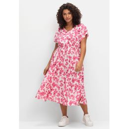 Druckkleid sheego "Große Größen" Gr. 42, Normalgrößen, pink (magenta gemustert) Damen Kleider mit Minimalprint und Smokbund