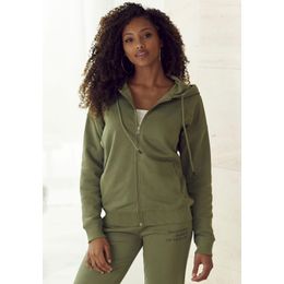 Kapuzensweatjacke Buffalo, Damen, Gr. 36/38, grün (moosgrün), angeraute Sweatware, Obermaterial: 60% Baumwolle, 40% Polyester, Casual, bequem kurz, Rippbündchen, Sweatjacken, mit Statement Druck, Loungeanzug