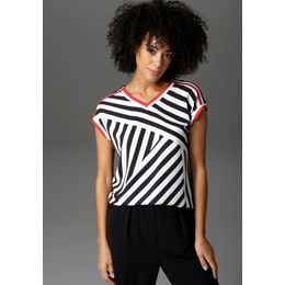 T-Shirt Aniston CASUAL Gr. 36, bunt (schwarz, weiß, rot) Damen Shirts mit gestreiften Bündchen