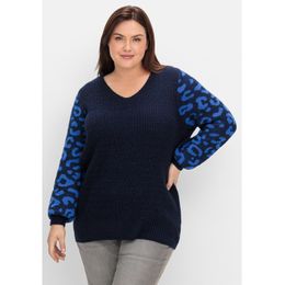 V-Ausschnitt-Pullover sheego by Joe Browns "Große Größen" Gr. 40/42, blau (tiefblau gemustert) Damen Pullover mit gemusterten Ballonärmeln