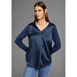 Shirtbluse HECHTER PARIS Gr. 34, blau (navy), Damen, Obermaterial Rückenteil: 95% Viskose, 5% Elasthan. Satin: 100% Polyester, Blusen, mit V-Ausschnitt- NEUE KOLLEKTION