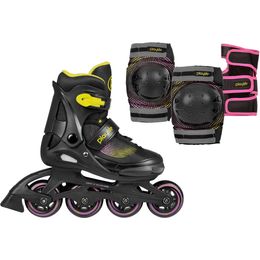 Inlineskates Playlife "Playlife Joker" Gr. 28, bunt (gelb, pink, schwarz), Inlineskates_Rollschuhe, Kinder, 28/31 (bis 50 kg), Kunstfaser, mit Schutz Set bestehend aus Knie-, Ellenbogen-, Handgelenksch&uuml;tzern