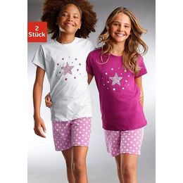 Pyjama Petite Fleur Gr. 158/164, lila (weiß, beere) Kinder Homewear-Sets modischer Sternendruck auf den Shirts und Hosen