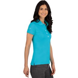 Poloshirt TRIGEMA "TRIGEMA mit Kristallsteinen" Gr. L, blau (azur) Damen Shirts