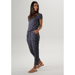 Jumpsuit Aniston SELECTED Gr. 34, N-Gr, blau (dunkelblau, weiß) Damen Overalls mit Palmen bedruckt