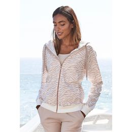 Kapuzensweatjacke Lascana "Sweatshirtjacke mit Details in Roségold" Gr. 32/34, braun (beige, nougat) Damen Sweatjacken und seitlichen Taschen, Loungeanzug