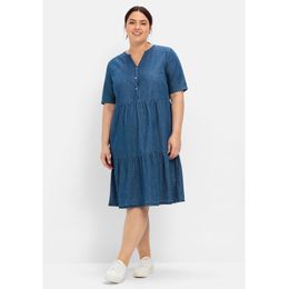 Jeanskleid sheego "Große Größen", Damen, Gr. 40, Normalgrößen, blau (blau denim), Obermaterial: 100% Baumwolle, unifarben, feminin, figurumspielend knieumspielend, V-Ausschnitt, Kurzarm, Kleider, aus leichtem Denim, in Volant-Optik