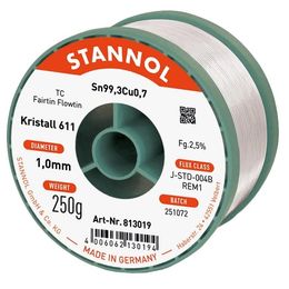 Stannol L&ouml;tzinn Kristall 611, TC, Sn99,3Cu0,7, Fairtin Flowtin, 1,0 mm, 250 g