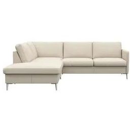 Ecksofa FLEXLUX "Fiore, L-Form" Sofas Gr. B/H/T: 234cm x 85cm x 225cm, Echtleder, Ottomane links, weiß (warm white) schmale Armlehnen, Füße alufarben, BT 234225 cm, Kaltschaum im Sitz