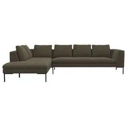 Ecksofa FLEXLUX "Loano, superbequemer Sitzkomfort durch Kaltschaum im Sitz, L-Form" Sofas Gr. B/H/T: 319cm x 86cm x 230cm, Lederoptik, lange Ottomane links, braun (camel braun) modernes Sofa, frei im Raum stellbar, lose Kissen, hoher Fuß