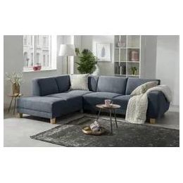 Ecksofa Max Winzer "Blackpool modern, mittlere Sitzhärte mit hochwertiger Schaumpolsterung" Sofas Gr. B/H/T: 248cm x 75cm x 188cm, Flachgewebe 16001, Ottomane links, blau Lounge-Charakter durch niedrigen, leicht gewölbten Rücken