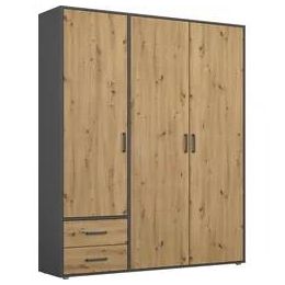 Drehtürenschrank Rauch "Kleiderschrank Schrank Garderobe Wäscheschrank VOYAGER" Schränke Gr. B/H/T: 140cm x 194cm x 53cm, 3 St., grau (graumetallic/eiche artisan) moderne Griffe in Graumetallic mit Außenschubkästen MADE IN GERMANY