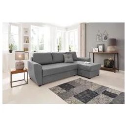 Ecksofa Home Affaire "Quin L-Form" Sofas Gr. B/H/T: 246cm x 85cm x 152cm, Struktur, Recamiere beidseitig montierbar, grau (dunkelgrau) mit Bettfunktion, Bettkasten und Zierkissen, Federkern