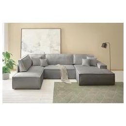 Wohnlandschaft Andas "FINNLEY U-Form XXL 329 cm, Schlafsofa, Schlaffunktion m. Bettkasten" Sofas Gr. B/H/T: 329cm x 85cm x 195cm, Boucle, Ottomane rechts-langer Schenkel links, grau (194139 cm), Bouclé, Struktur und Cord