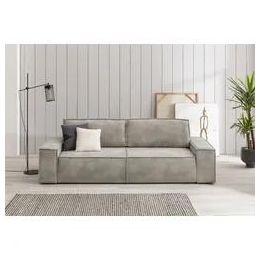 3-Sitzer Home Affaire "SHERWOOD Schlafsofa (257cm) Cord, Samtvelours, Vintage-Lederoptik" Sofas Gr. B/H/T: 257cm x 85cm x 106cm, Vintage, grau (hellgrau) Liegefläche ca. 136200cm und Bettkasten.