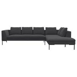 Ecksofa FLEXLUX "Loano, superbequemer Sitzkomfort durch Kaltschaum im Sitz, L-Form" Sofas Gr. B/H/T: 319cm x 86cm x 230cm, Lederoptik, lange Ottomane rechts, grau (shark grau) modernes Sofa, frei im Raum stellbar, lose Kissen, hoher Fuß