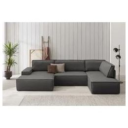 Wohnlandschaft Home Affaire "SHERWOOD XXL 329 cm, U-Form, Schlafsofa" Sofas Gr. B/H/T: 329cm x 85cm x 195cm, Samtvelours, Recamiere links, grau (charcoal) Schlaffunktion m. Bettkasten (194x139 cm), Cord, Vintage, Samtvelours