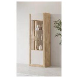 Vitrine LEONIQUE "Kasai", beige (eiche harbor gold, kashmir), B:73,5cm H:200cm T:41cm, FSC-zertifizierter Holzwerkstoff, Melamin, MDF, Glas, Schränke