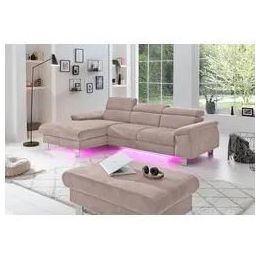 Ecksofa COTTA "Komaris L-Form", braun (mud), B:244cm H:72cm T:166cm, Microfaser PRIMABELLE (100% Polyester), Kunstleder SOFTLUX(100%Polyurethan), Feinstruktur (100% Polyester), Kunstleder SOFTLUX/Struktur (100%Polyurethan, 90%Polyester, 10% Polyacryl), Sofas, mit Kopfteilverstellung, wahlweise Bettfunktion,Stauraum & Beleuchtung, Topseller