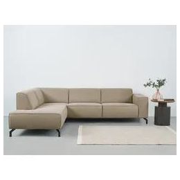 Ecksofa Places of Style "Lorcan" Sofas Gr. B/H/T: 275cm x 77cm x 210cm, Struktur weich, Ottomane links, grau (taupe) mit schwarzen Metallfüßen, Lederoptik und in weichem Strukturstoff