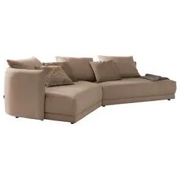 Ecksofa DESIGNWERK "New York, extravagantes Designsofa mit tollem Sitzkomfort, L-Form" Sofas Gr. B/T: 333 cm x 179 cm, Flachgewebe, Recamiere links, beige (liver) mit moderner Rundung im Korpus