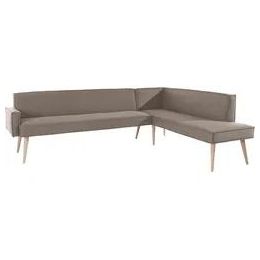 Eckbank exxpo - SOFA FASHION "Lungo, moderne Kedernaht, bequem und elegant, hoher Holzfuß" Sitzbänke Gr. B/H/T: 198cm x 84cm x 260cm, Webstoff, langer Schenkel links, grau (melange) hochwertige Detailverarbeitung, frei im Raum stellbar