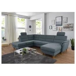 Wohnlandschaft Home Affaire "Palmera U-Form" Sofas Gr. B/H/T: 308 cm x 89 cm x 212 cm, Struktur weich, Ottomane links, mit Bettfunktion-mit Bettkasten, blau (blaugrau) Federkern, wahlweise mit Bettfunktion und mitohne Stauraum